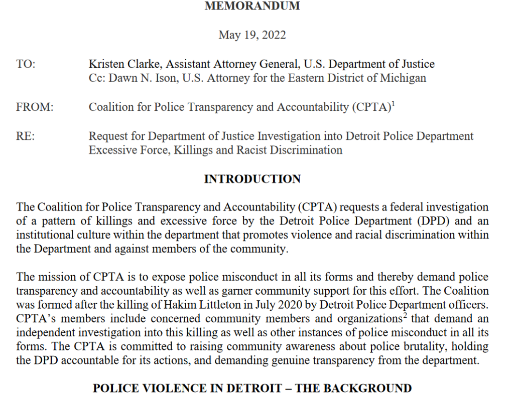 CPTA memo to the U.S. Department of Justice calling for investigation ...